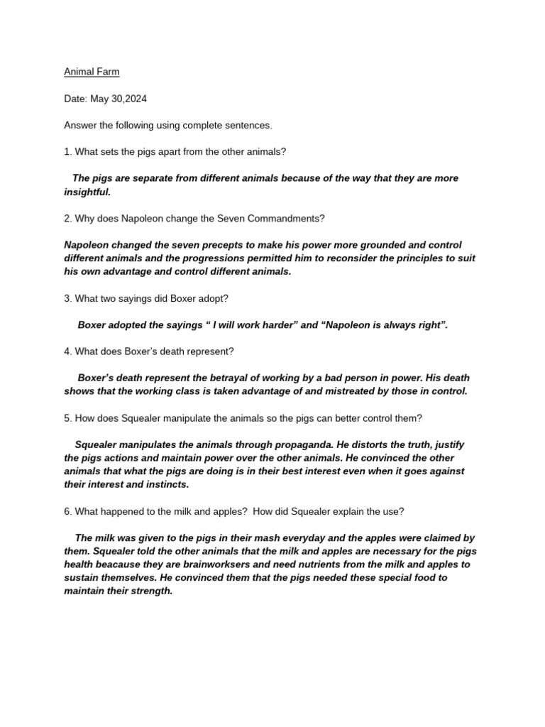 Class Work Animal Farm | PDF