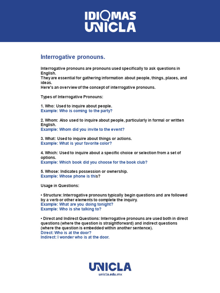 Concept Interrogative Pronouns | PDF | Question | Pronoun