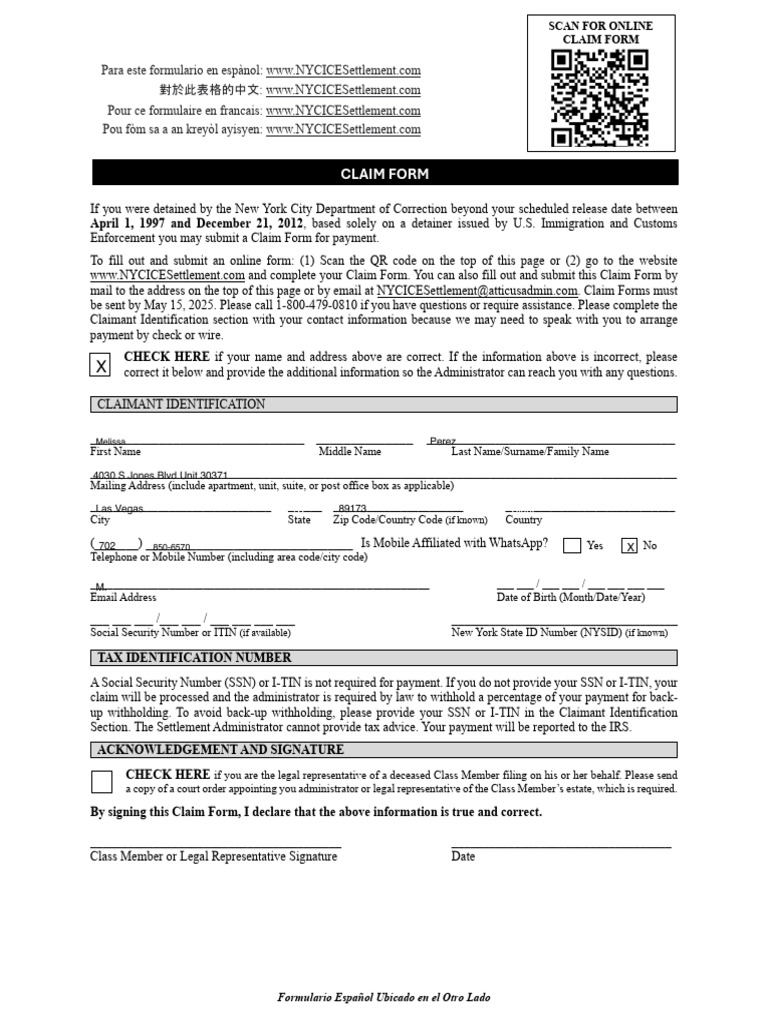 Onadia V NYC Claim Form - WEB | PDF | Social Security Number | Payments