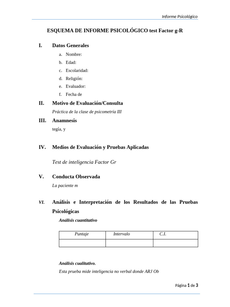 Estructura - Informe - Psicológico Factor G | PDF