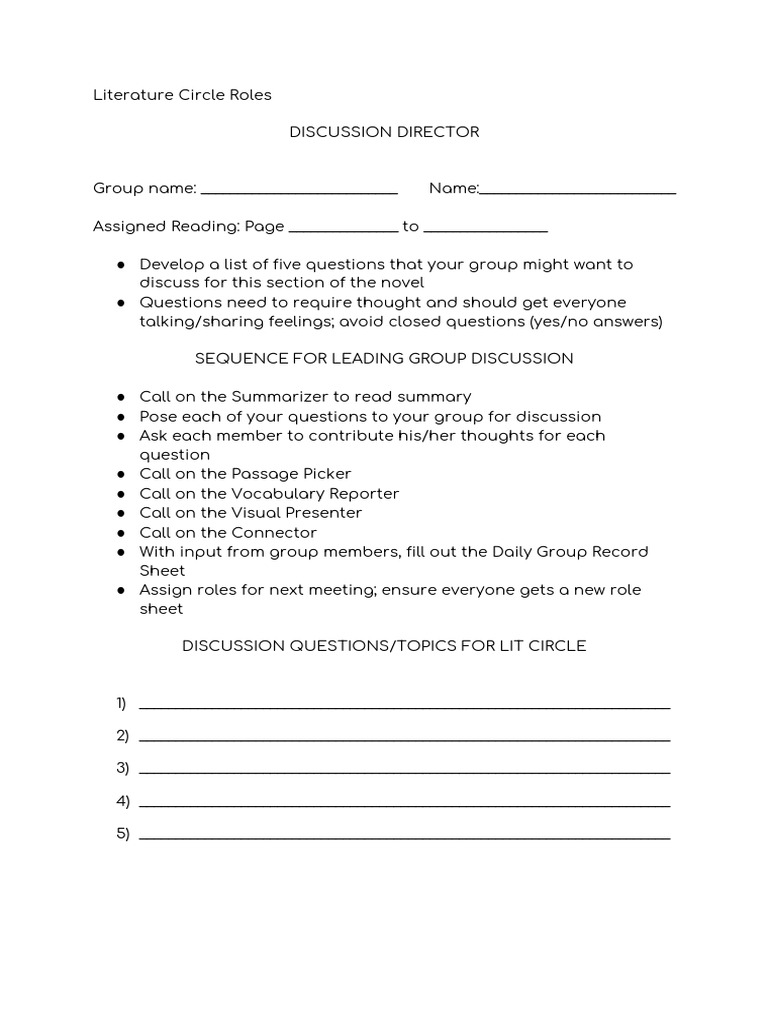 Discussion Director Role in Lit Circles | PDF