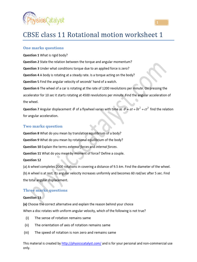 Class11 Physics Rotational Motion 1 | PDF | Rotation Around A Fixed Axis | Torque
