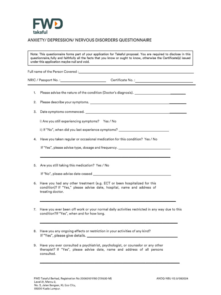 Anxiety Depression Nervous Disorders Questionnaire - V2.0 - 082024 | PDF