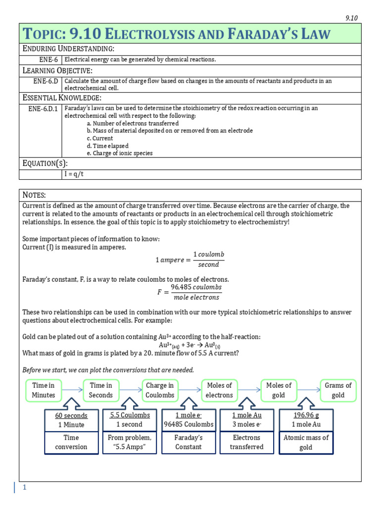 9.10 Electrolysis and Faraday's Law Student | PDF | Electrochemistry ...