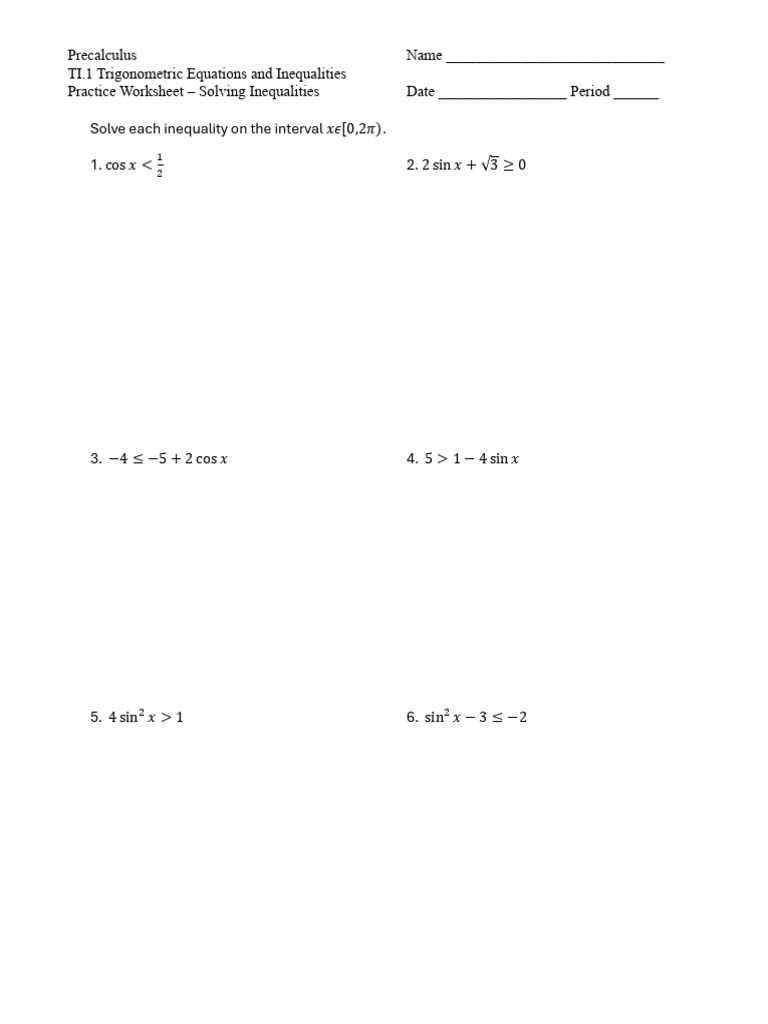 TI.1 Practice Solving Trigonometric Inequalities | PDF