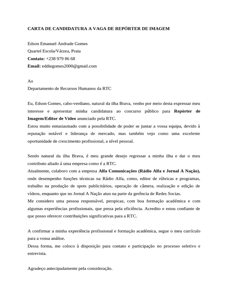 Carta de Candidatura - Edson Gomes | PDF