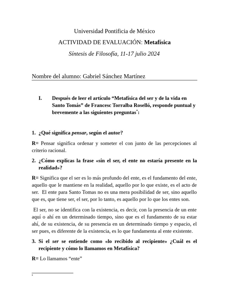 Evaluación Metafísica, Reporte de Lectura Torralba y Relacionar Columnas | PDF | Teoría de ...
