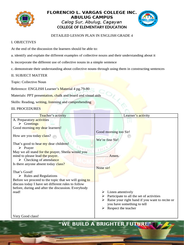 Grade 4 Lesson Plan: Collective Nouns | PDF | Lesson Plan
