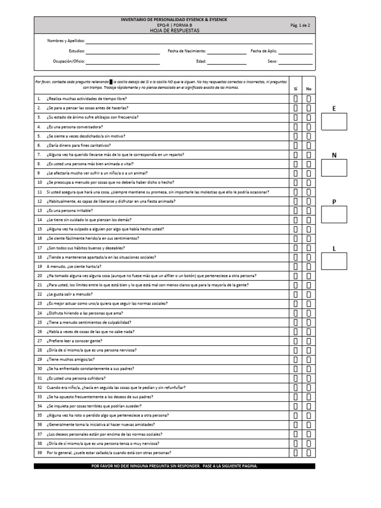 Plantilla de Corrección EPQ-R | PDF
