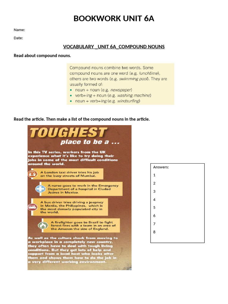 Vocabulary Book Work Unit 6a | PDF | Linguistics | Languages