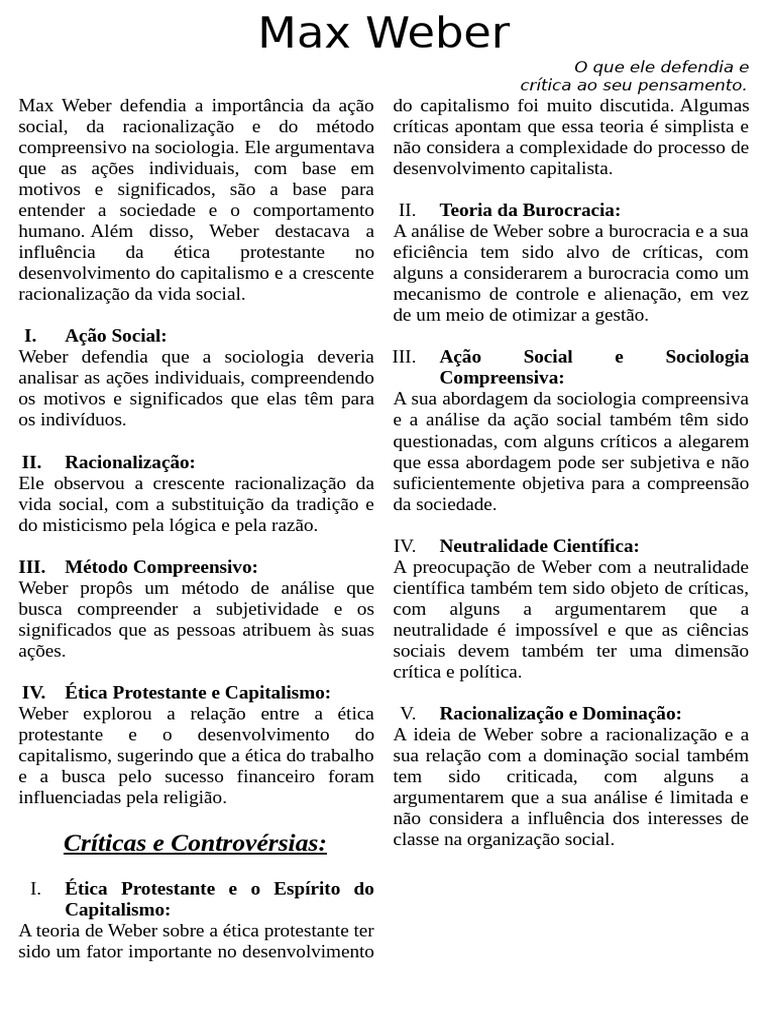 Teoria de Max Weber e suas Críticas | PDF | Max Weber | Sociologia