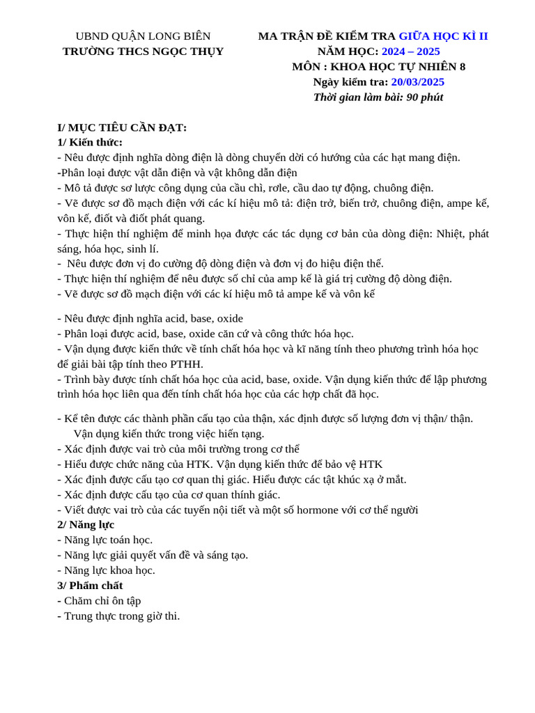 ĐỀ KT - GK2 - KHTN 8 - 2425 | PDF