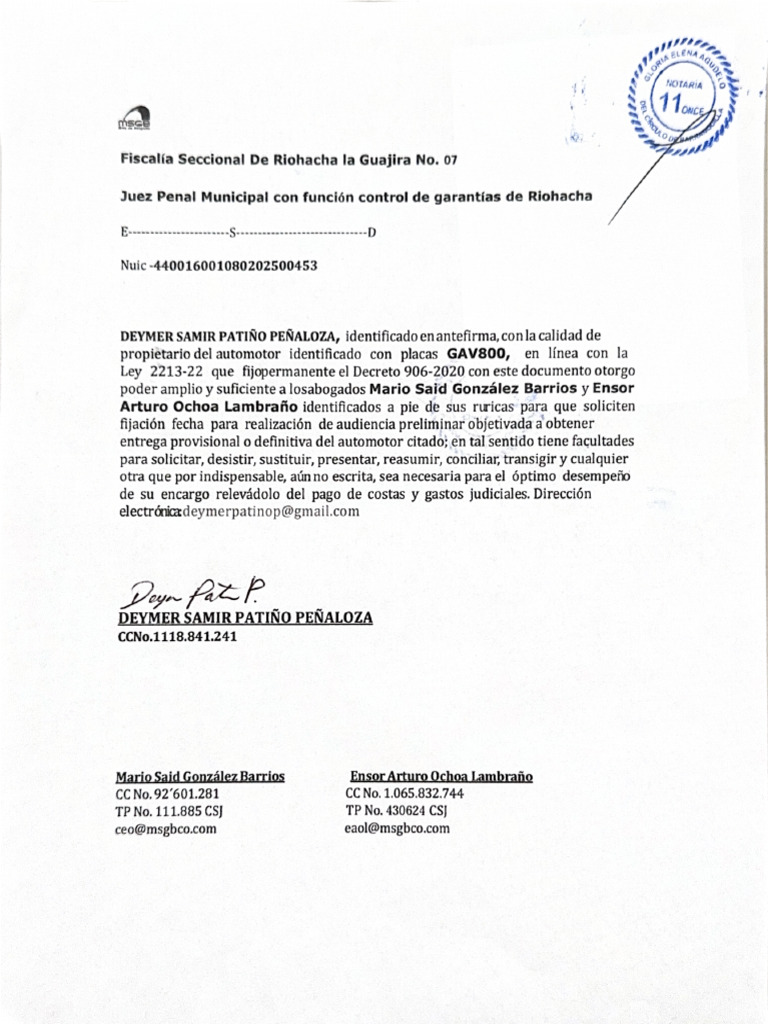 Poder Gav 800 Fiscalia 07 Rioacha La Guajira Deymer Samir Audiencia ...