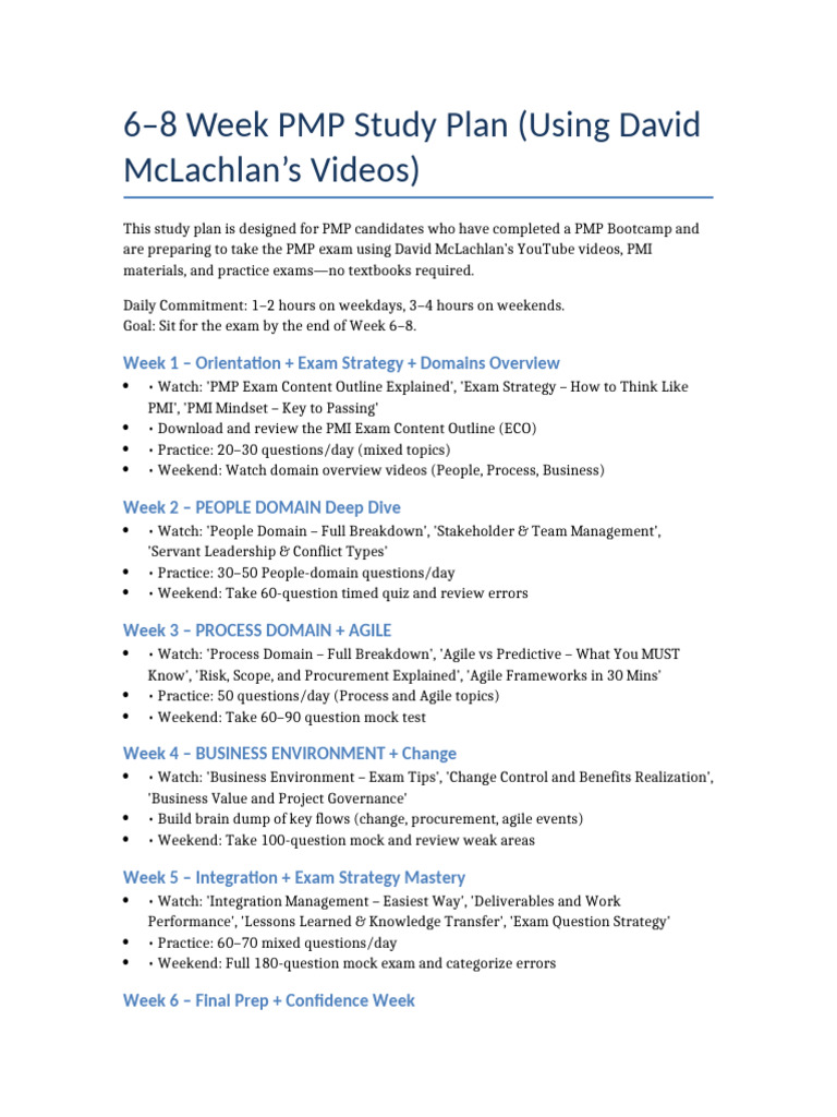 PMP Study Plan David Video Based | PDF