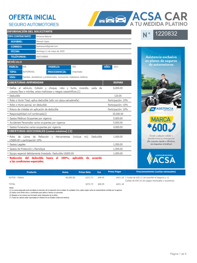 Oferta ACSA - Manuel Lopez | PDF | Póliza de seguros | Seguro