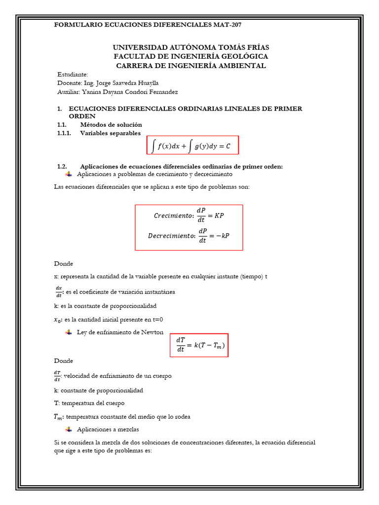 FORMULARIO MAT 207 | PDF | Ecuaciones | Ecuaciones diferenciales