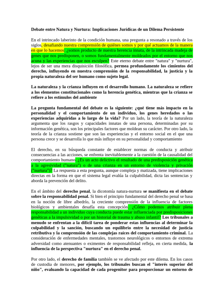 Implicaciones Legales de Natura vs Nurtura | PDF | Naturaleza versus ...