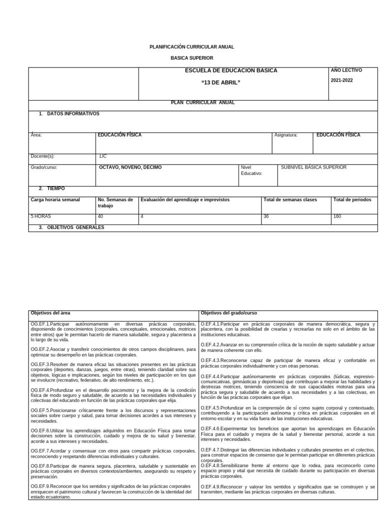 8,9,10.EGB 2022 PLANIFICACION EEFF | PDF | Evaluación | Aprendizaje