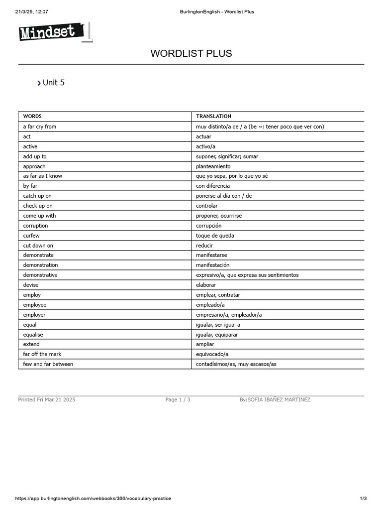 Wordlist Unit 5 Mindset 1 | PDF | Economias | Empleo