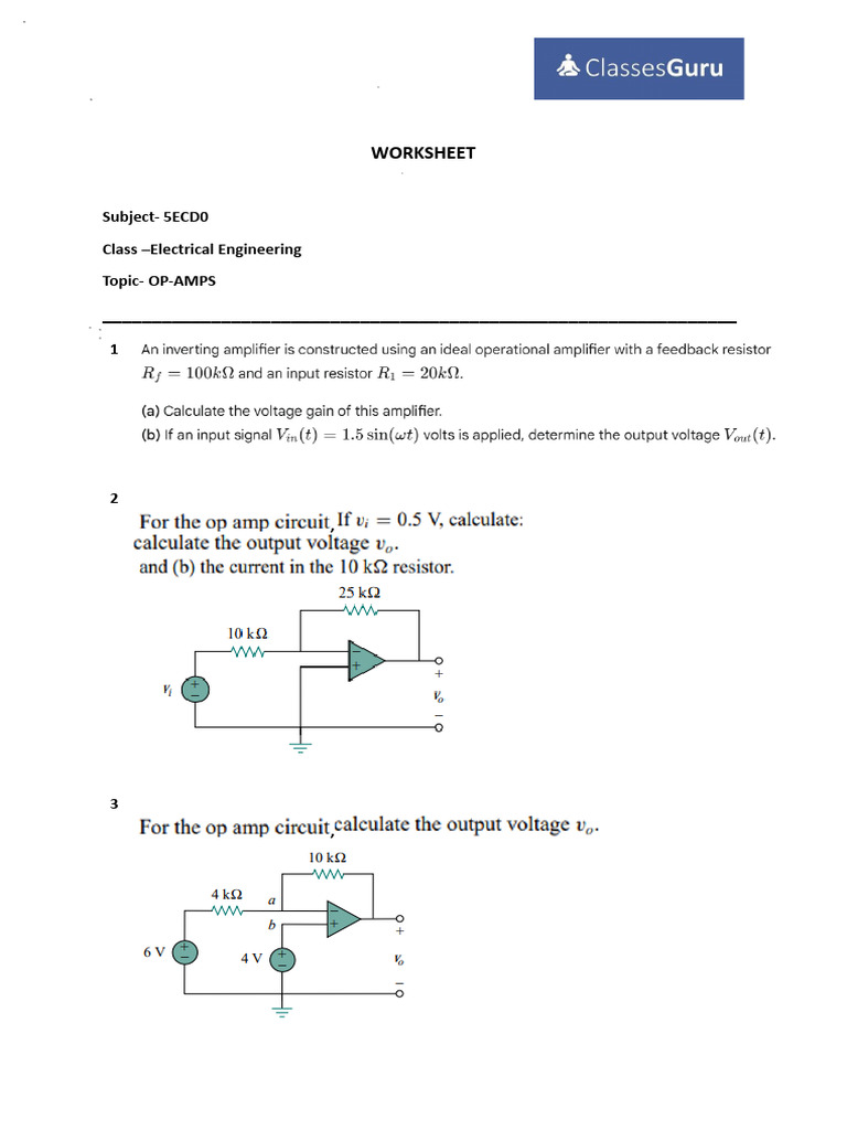 EE Students Worksheet-Opamp | PDF