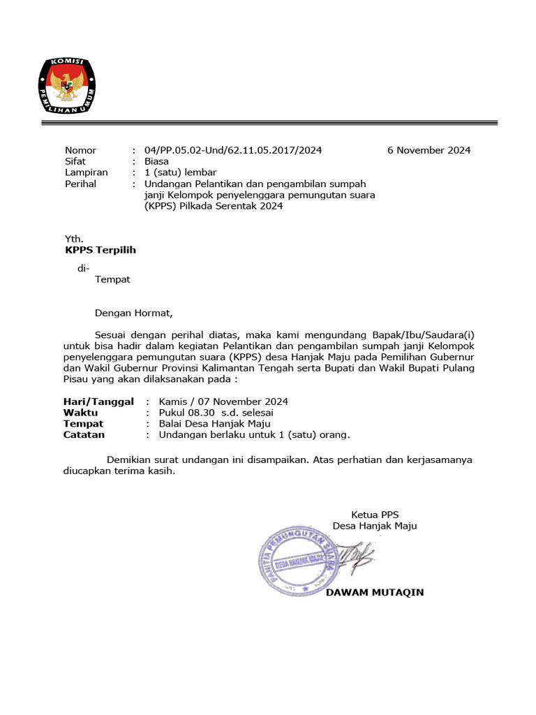 Undangan Pelantikan KPPS Pilkada 2024 | PDF
