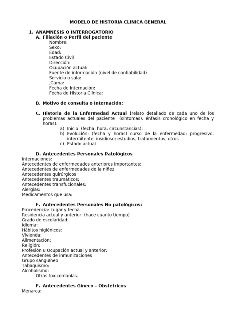 Modelo de Historia Clínica General | PDF | Especialidades Medicas ...