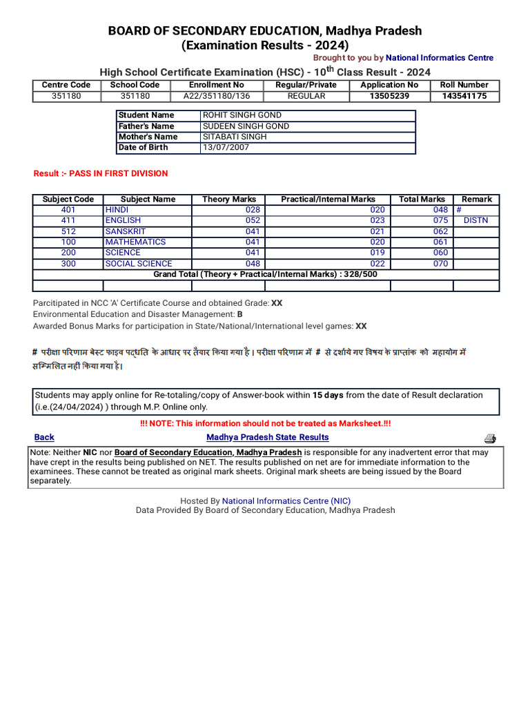 Board of Secondary Education, Madhya Pradesh - Examination Results 2024 - HSC | PDF | Secondary ...