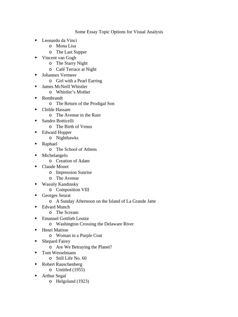 Some Essay Topic Options for Visual Analysis | PDF