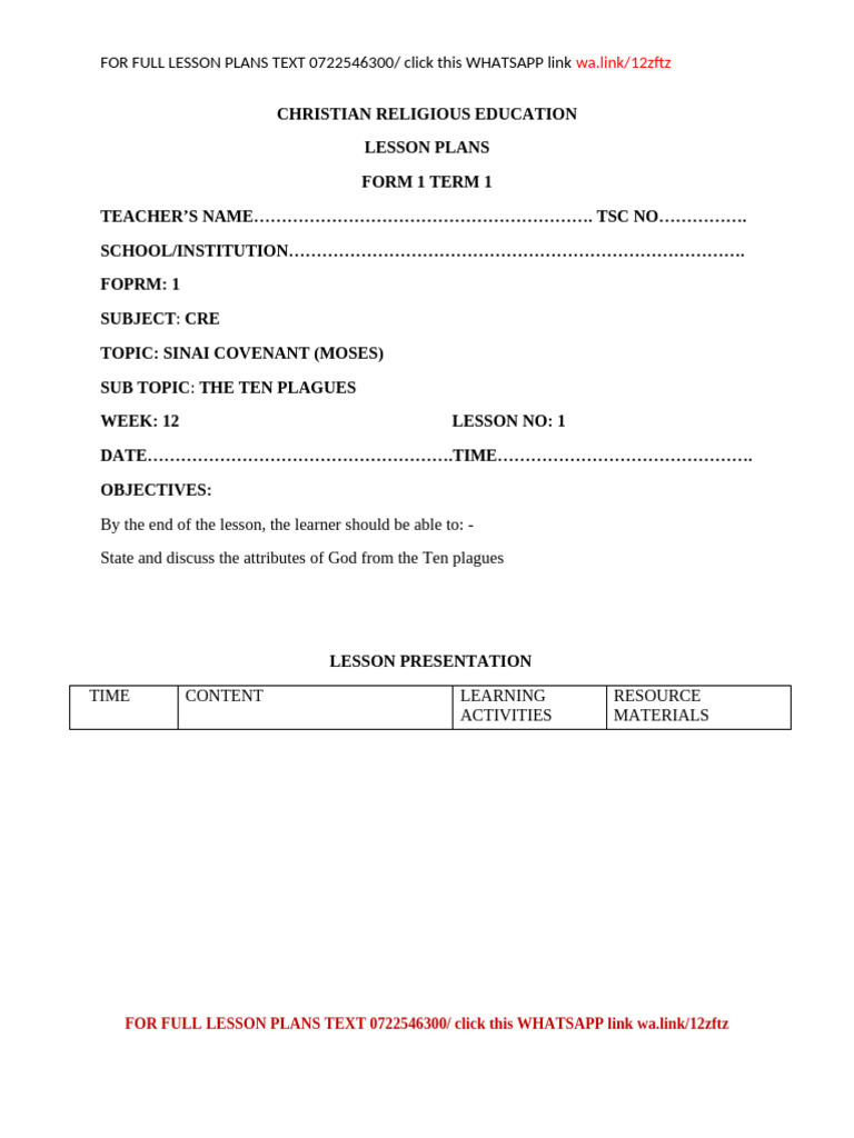 CRE-lesson-plans-form-1-2-3-4-sample | PDF | Book Of Exodus | Lesson Plan