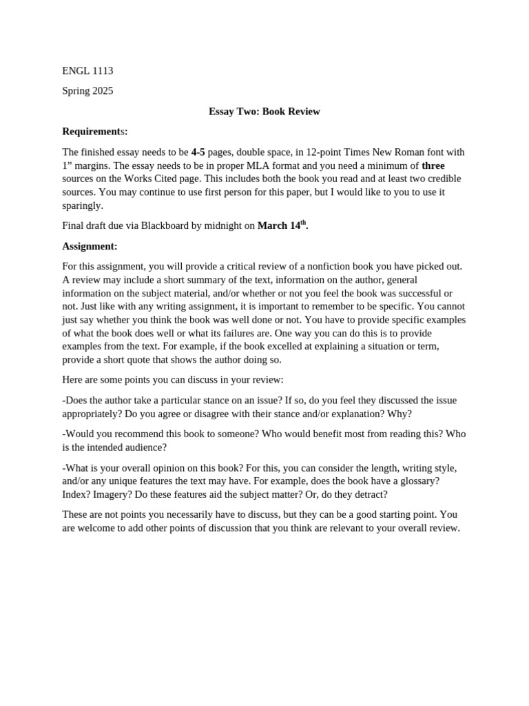 Book Review Essay Prompt | PDF