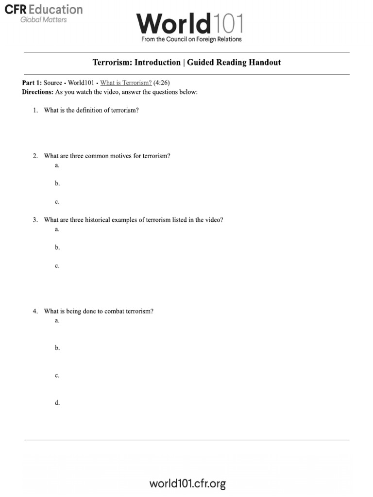 Terrorism Guided Reading Handout | PDF