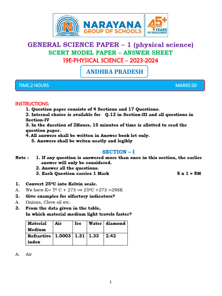 Class-X - Answer Sheet-19e-Scert-Model Question Paper & Blue Print - 2023-2024 | PDF | Sodium ...
