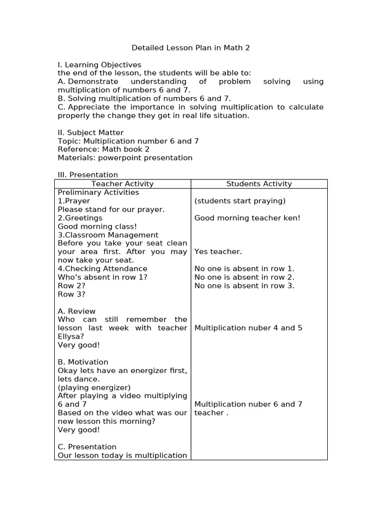 Detailed Lesson Plan in Math 2 | PDF | Multiplication | Lesson Plan