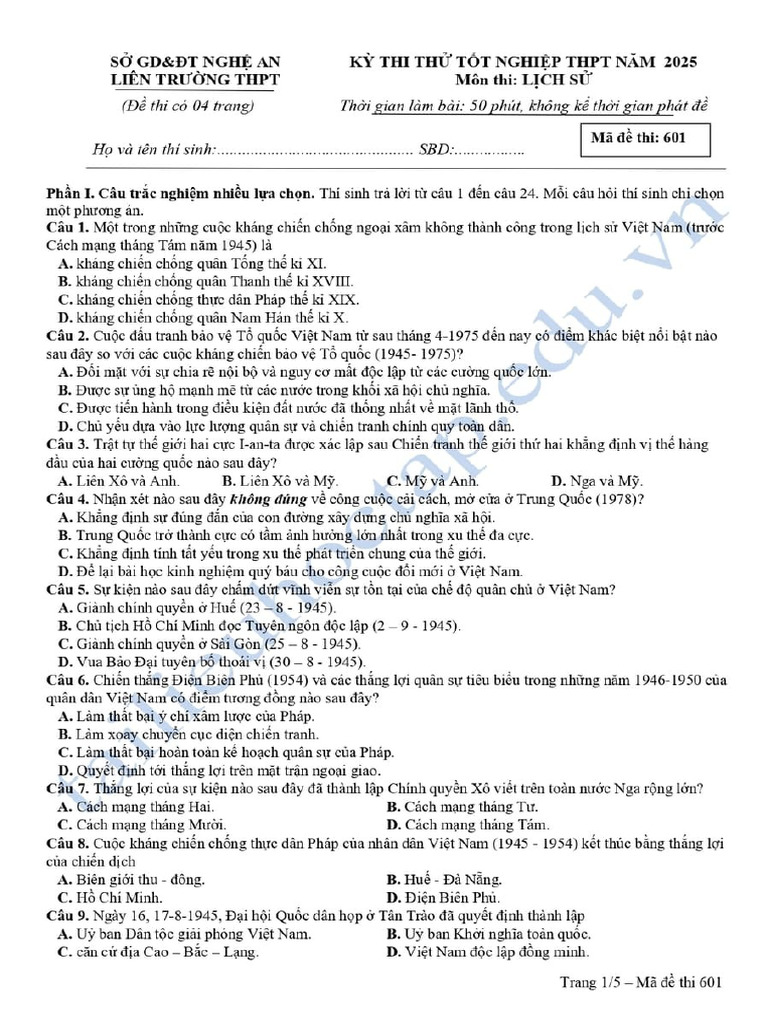 De Su Lien Truong Nghe An 2025 Co Dap An - Page 0001 | PDF
