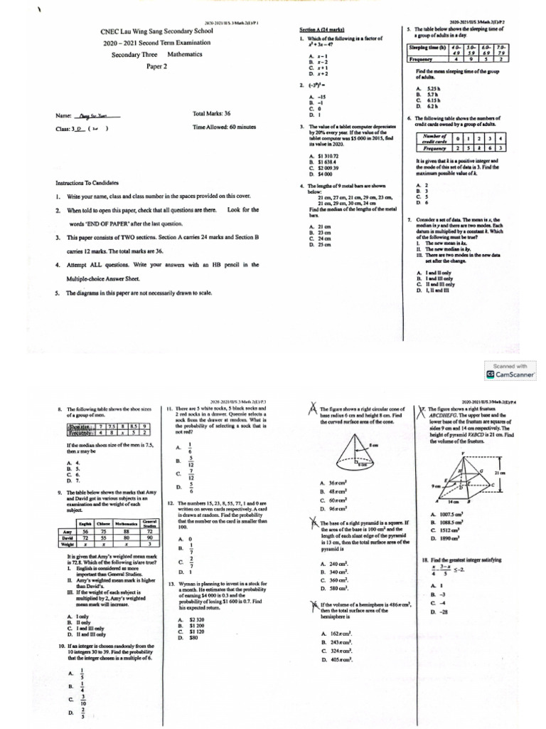 劉永生 2021 S3 Second Exam MC Question | PDF