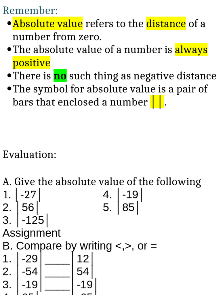 Grade 7 Topic: Absolute Value | PDF