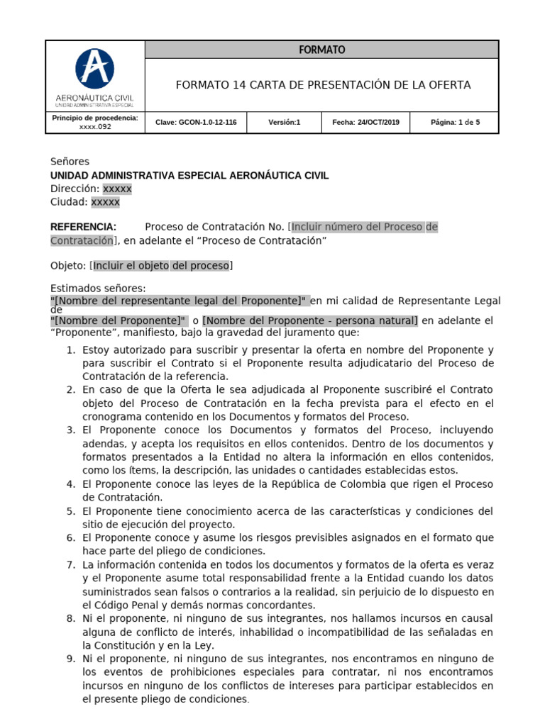 Formato 14 - Carta de presentaciขn de la oferta | PDF