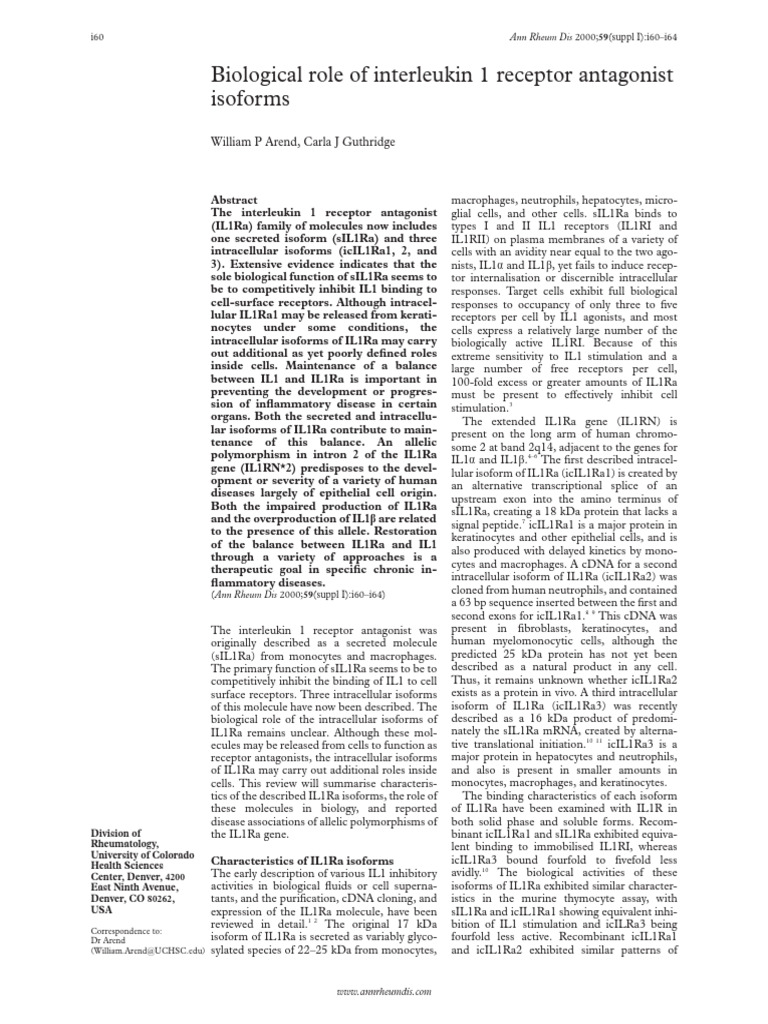 Biological Role of Interleukin 1 Receptor Antagonist Isoforms (IL1-ra) | PDF | Cell Biology ...