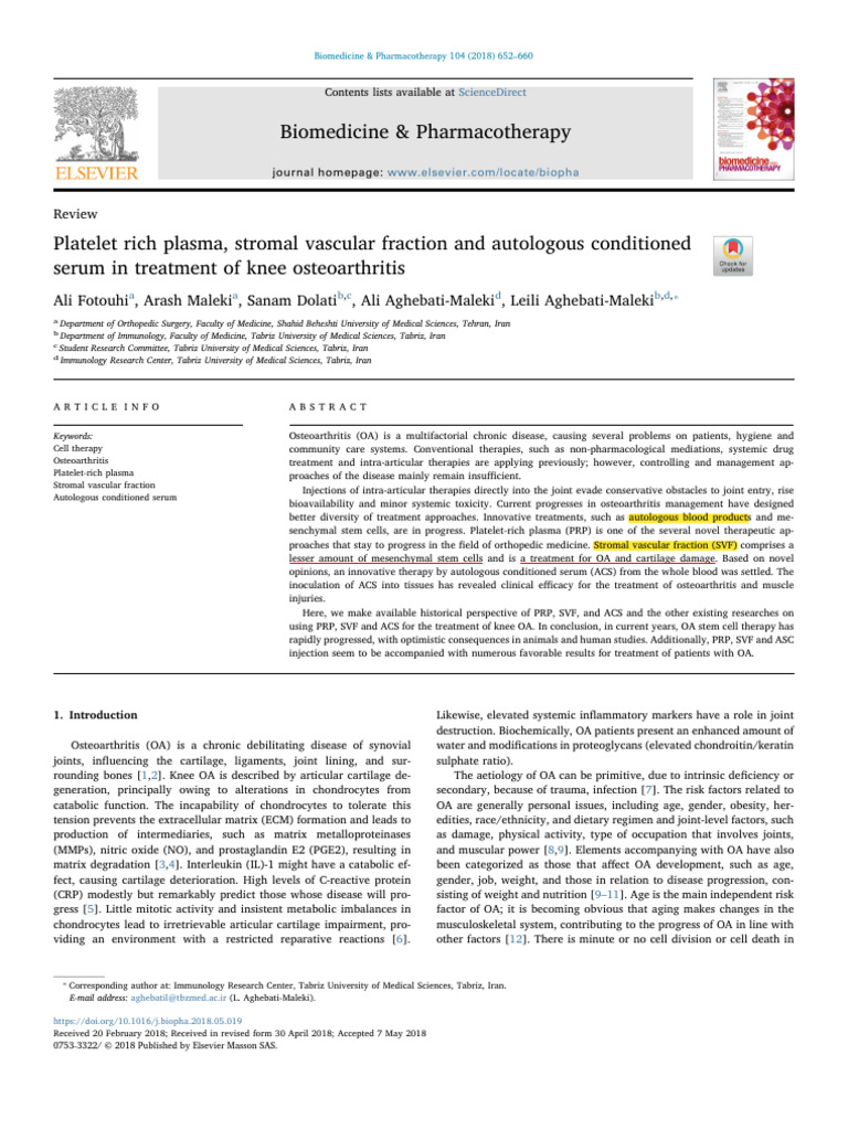 Platelet Rich Plasma, Stromal Vascular Fraction and Autologous ...