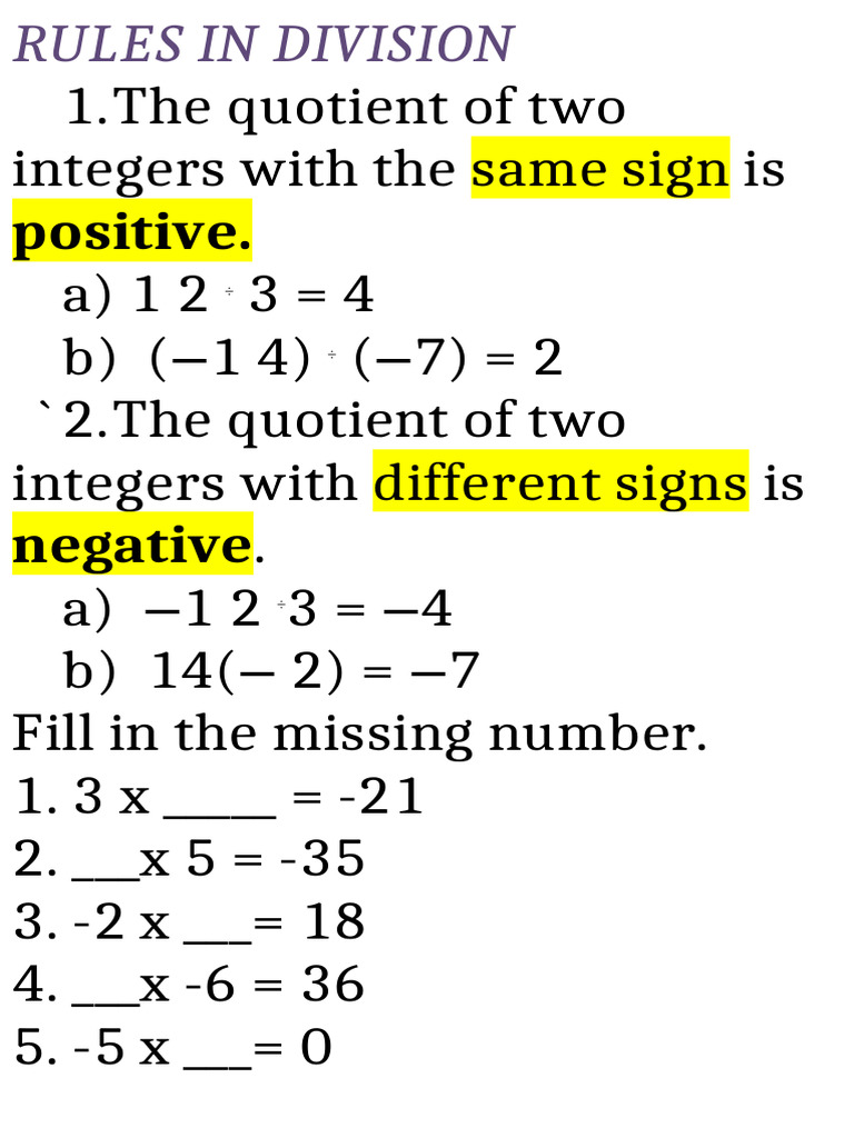 Grade 7 Mathematics: RULES IN DIVISION of Integers | PDF