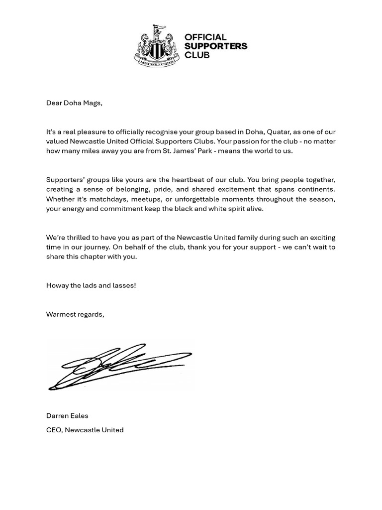 Official Supporters Club Welcome Letter - Doha | PDF