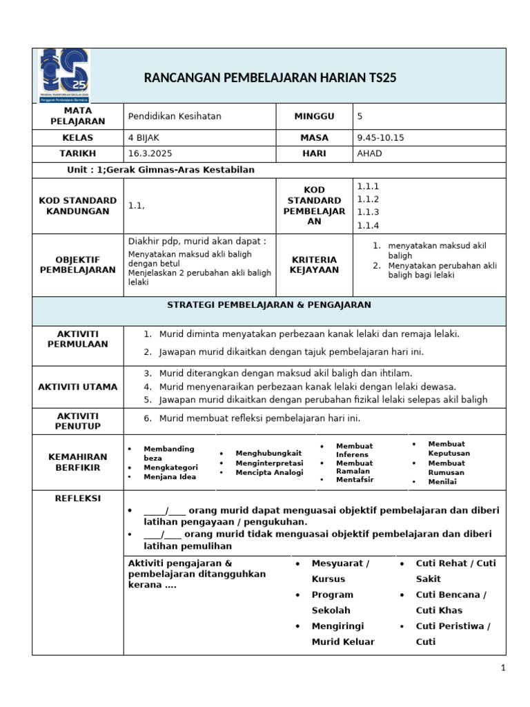 1.PK Tahun 4 Sayangi Diri Akil Baligh | PDF