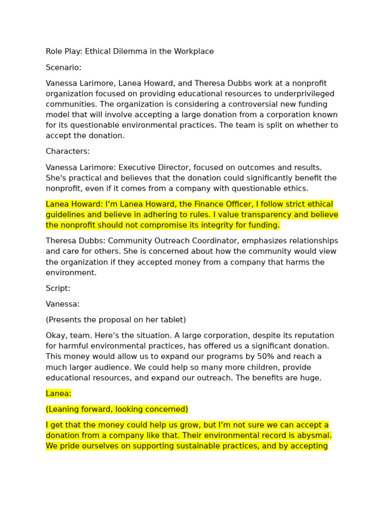 Ethical Dilemma: Nonprofit Funding Choices | PDF | Integrity ...