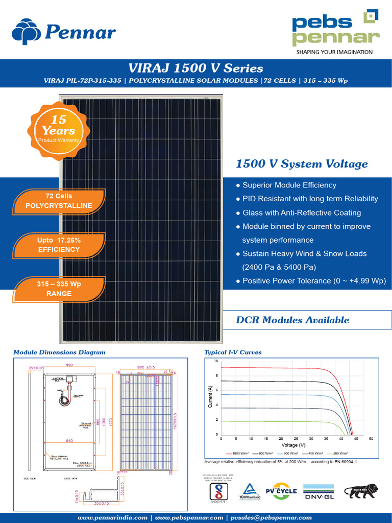Pennar VIRAJ 1500V Solar Modules | PDF | Electricity | Electrical ...