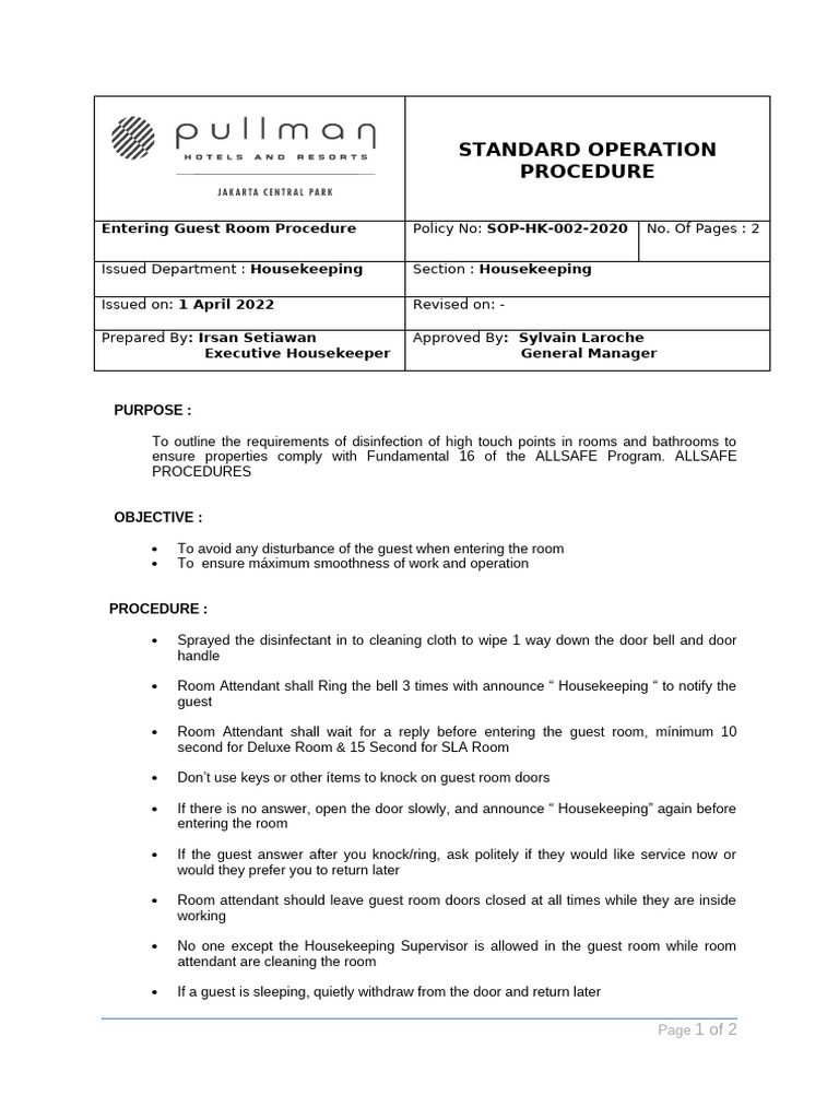 Guest Room Entry Procedures for Housekeeping | PDF | Housekeeping