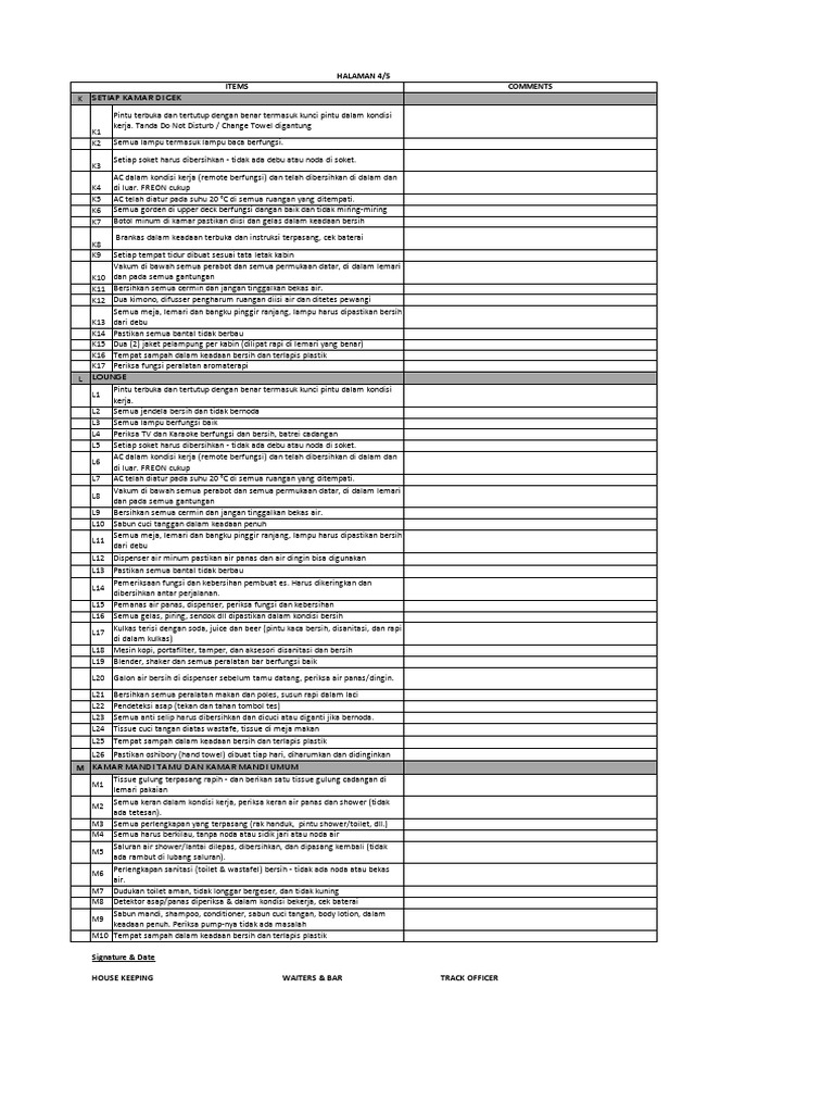 Checklist Cabin & Lounge | PDF