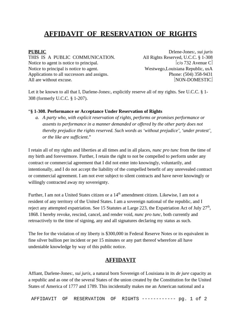 Affidavit of Rights Reservation Document | PDF | Affidavit | Legal ...