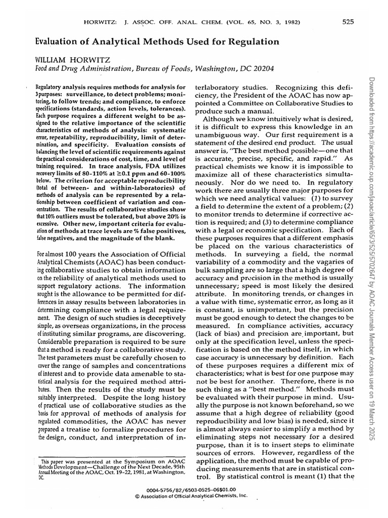 AOAC - Evaluation of Analytical Methods Used For Regulation | PDF | Accuracy And Precision | Outlier