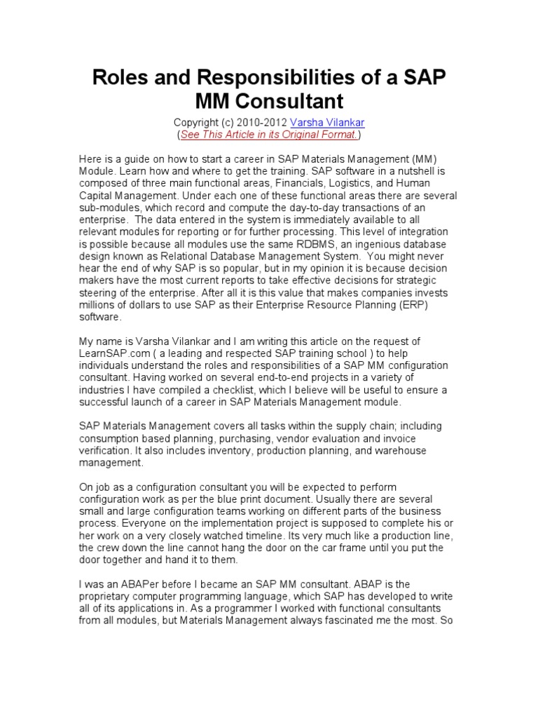 Roles and Responsibilities of A SAP MM Consultant | PDF | Sap Se | Enterprise Resource Planning