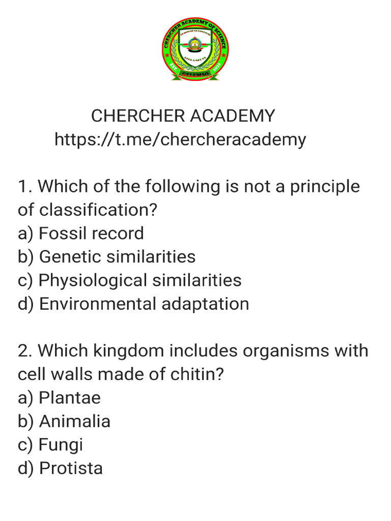 Biology 100 Questions and Answers From Grade 9 Unit 5 Classification | PDF
